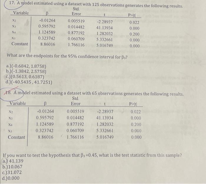 Solved 17. A model estimated using a dataset with 125 | Chegg.com