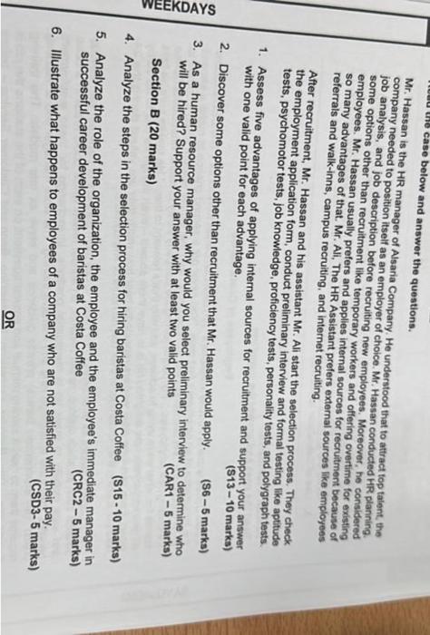 Solved below and answer the questions. Mr. Hassan is the HR | Chegg.com