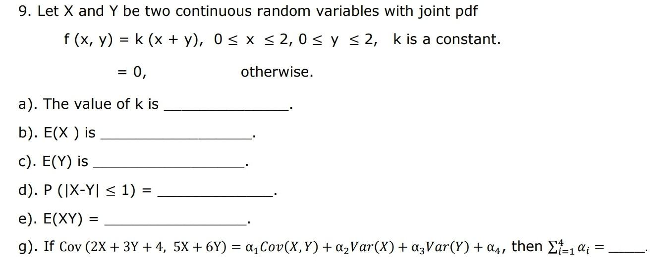Solved 9. Let X and Y be two continuous random variables | Chegg.com