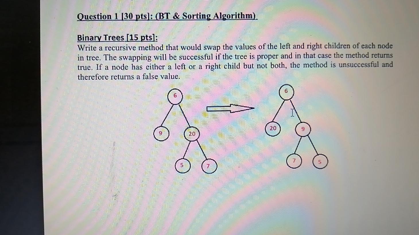 Solved Question 1 [30 pts): (BT & Sorting Algorithm). Binary | Chegg.com