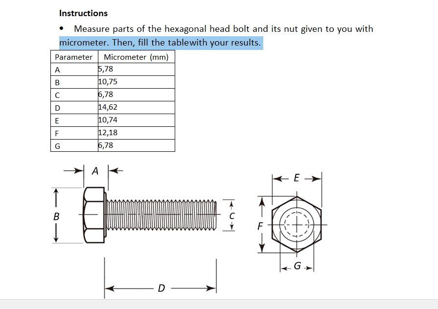 Solved InstructionsMeasure parts of the hexagonal head bolt | Chegg.com