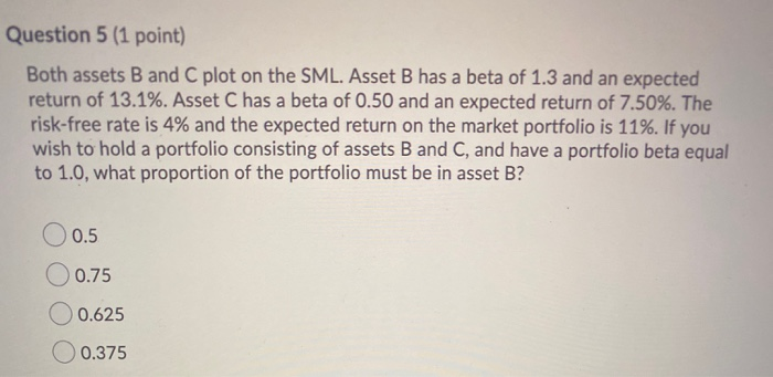 Solved Question 5 1 Point Both Assets B And C Plot On The