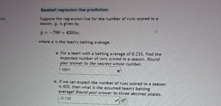 Solved Baseball regression line prediction:Suppose the | Chegg.com