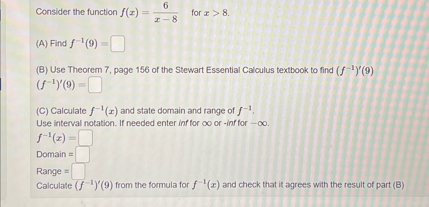 Solved Consider the function f(x)=6x-8, ﻿for x>8.(A) ﻿Find | Chegg.com