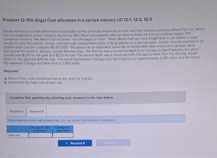 Solved Problem 12-16A (Algo) Cost allocation in a service | Chegg.com