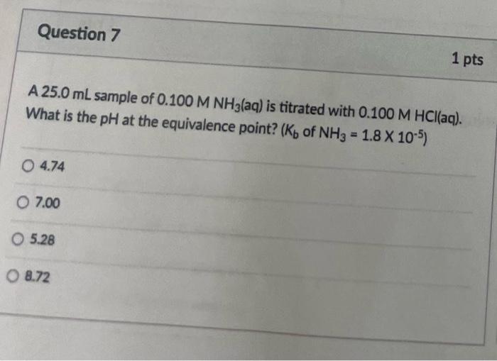 Solved Question 7 1 pts A 25.0 mL sample of 0.100 M NH3(aq) | Chegg.com