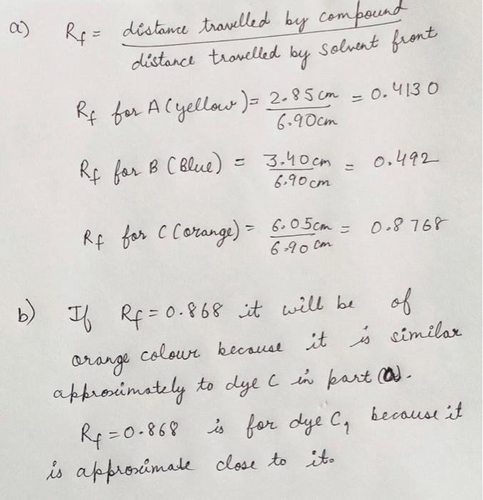 Solved a) distance travelled by solvent front Rf = distance | Chegg.com
