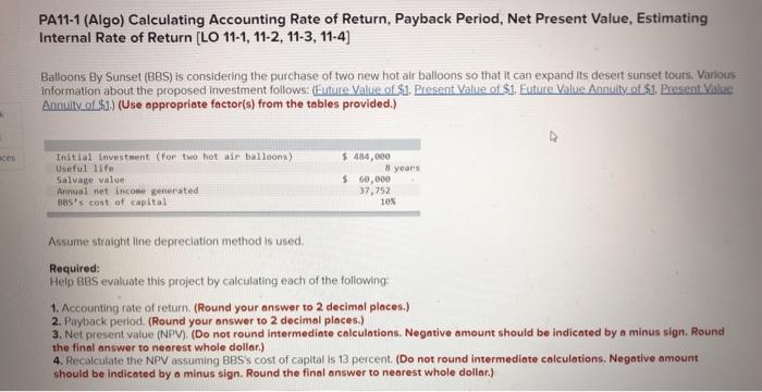 Solved PA11-1 (Algo) Calculating Accounting Rate of Return, | Chegg.com