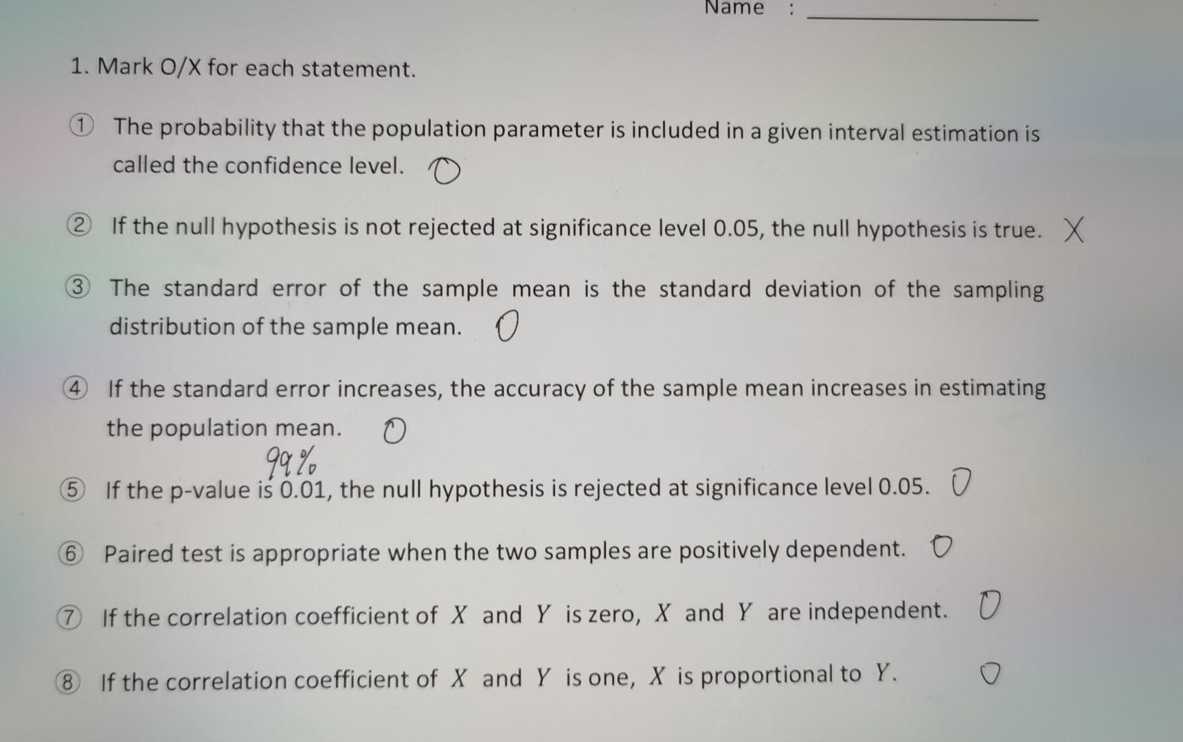 Solved 1. Mark O/X for each statement. (1) The probability | Chegg.com