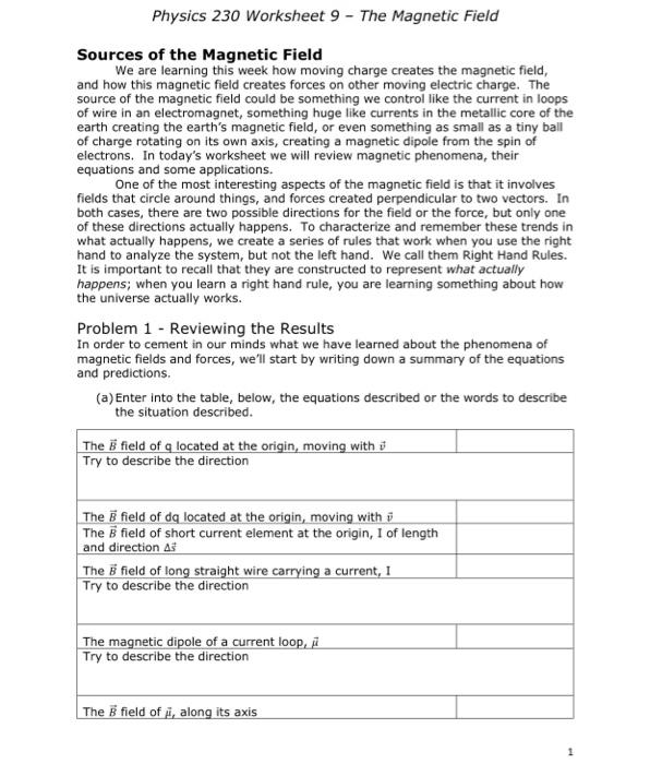 Solved Physics 230 Worksheet 9 - The Magnetic Field Sources | Chegg.com