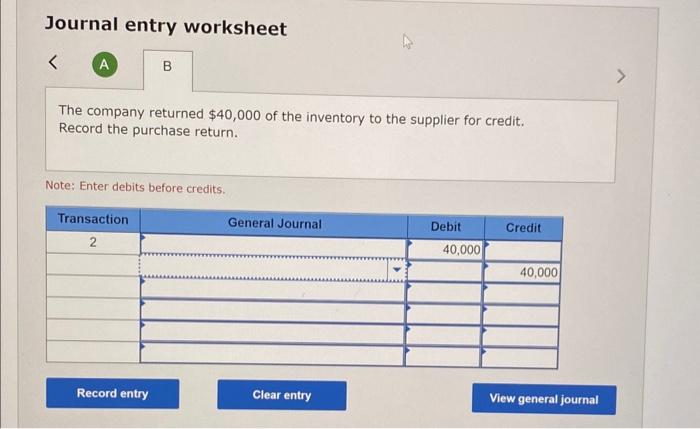 Solved Journal entry worksheet The company returned $40,000 | Chegg.com