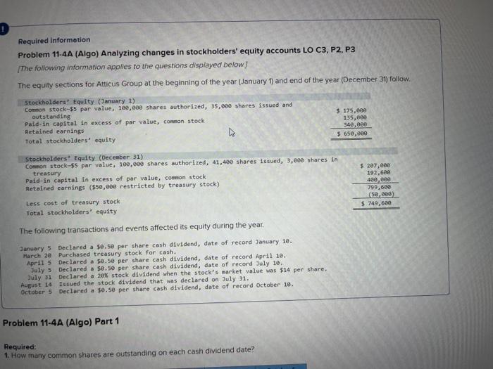 Solved Required information Problem 11-4A (Algo) Analyzing | Chegg.com