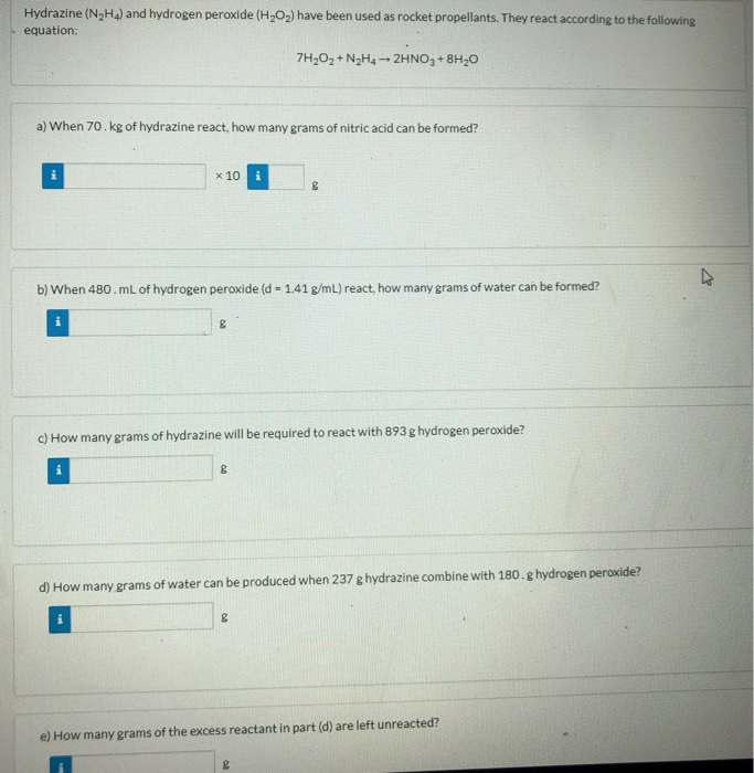 Solved Hydrazine (N2H4) and hydrogen peroxide (H2O2) have | Chegg.com