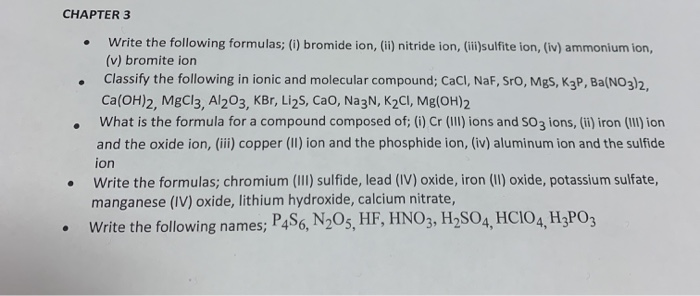 Solved CHAPTER 3 Write the following formulas; (1) bromide | Chegg.com
