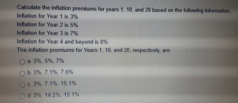 Solved Calculate the inflation premiums for years 1, 10, and | Chegg.com