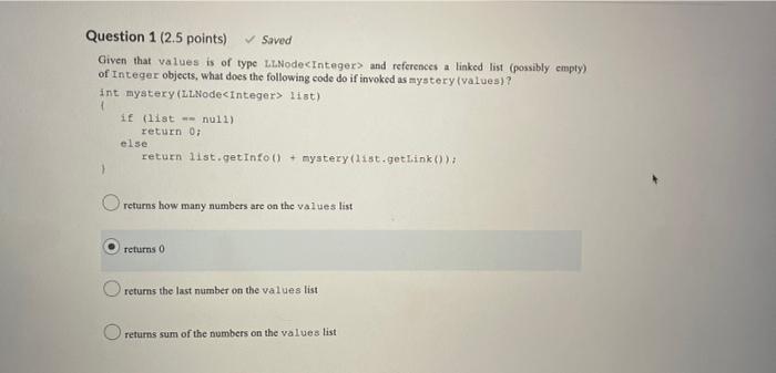 Solved Question 1 (2.5 points) Saved Given that values is | Chegg.com