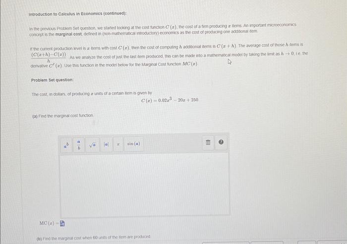 Solved Introduction to Calculus in Economics (continued): in | Chegg.com