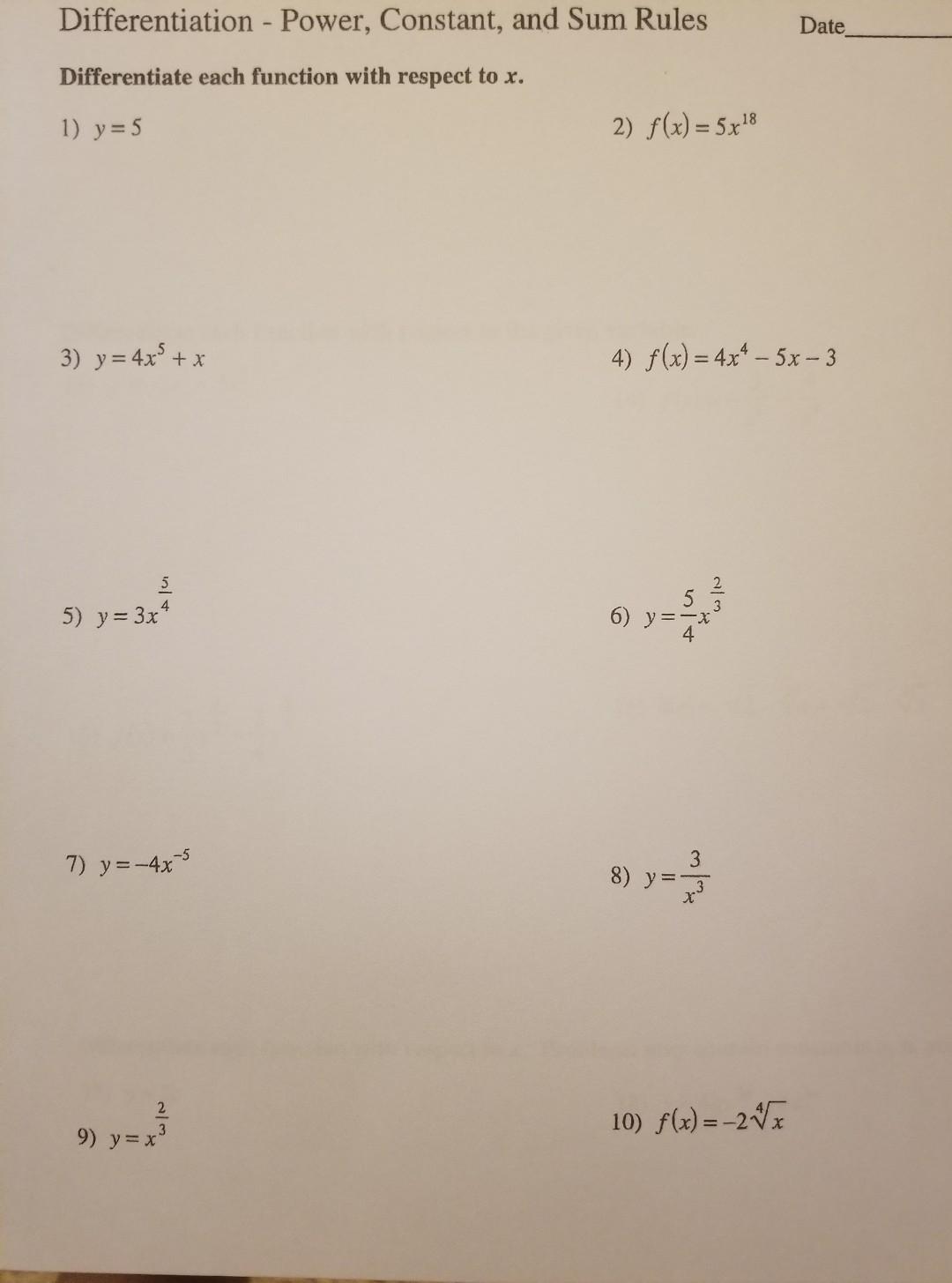 Solved Differentiation - Power, Constant, and Sum Rules Date | Chegg.com