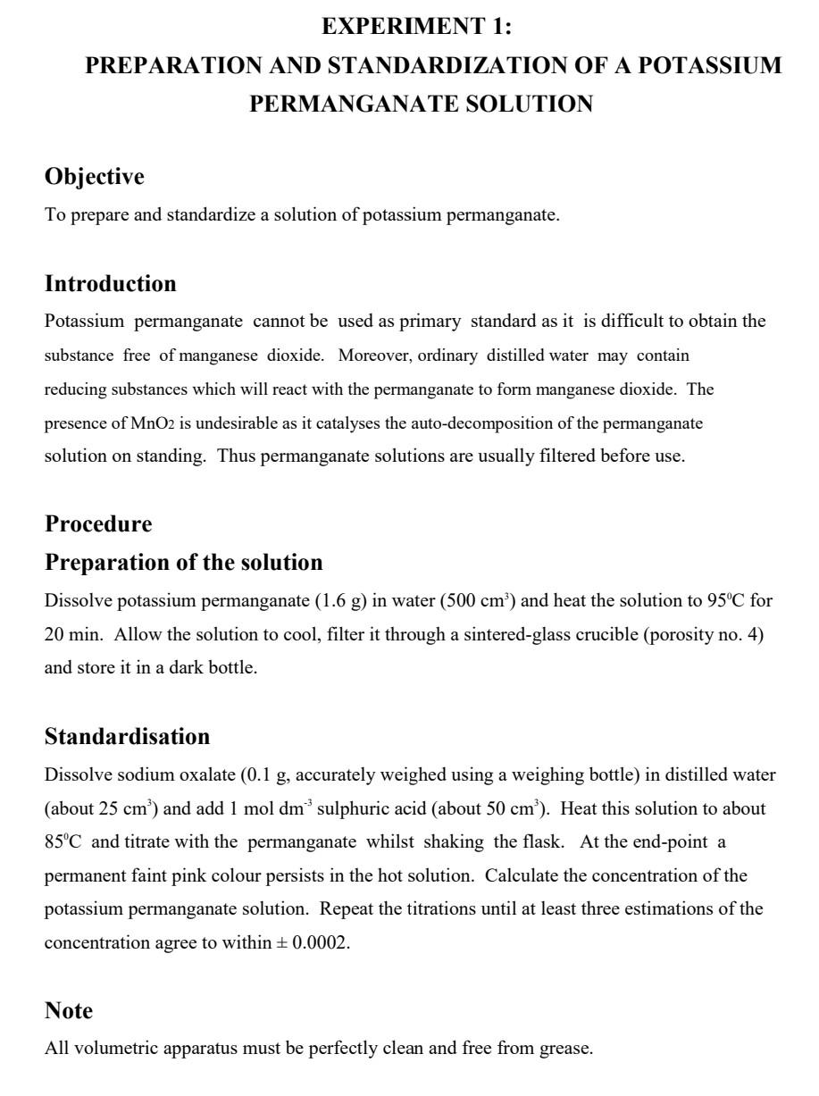 Solved EXPERIMENT 1: PREPARATION AND STANDARDIZATION OF A | Chegg.com
