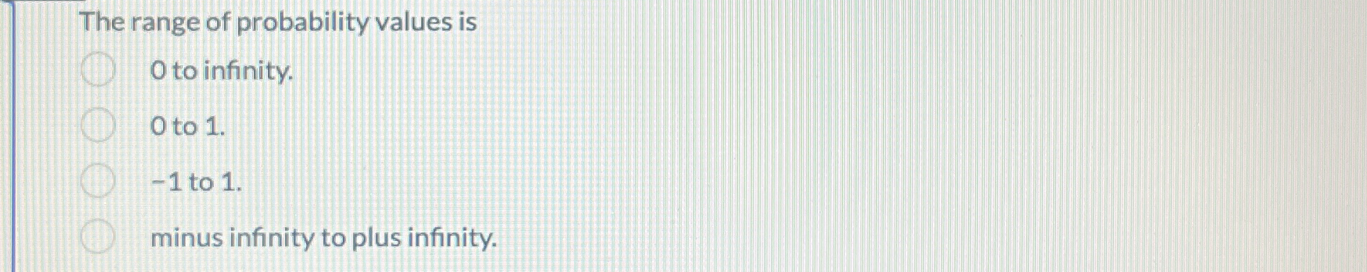 Solved The range of probability values is0 ﻿to infinity.0 | Chegg.com