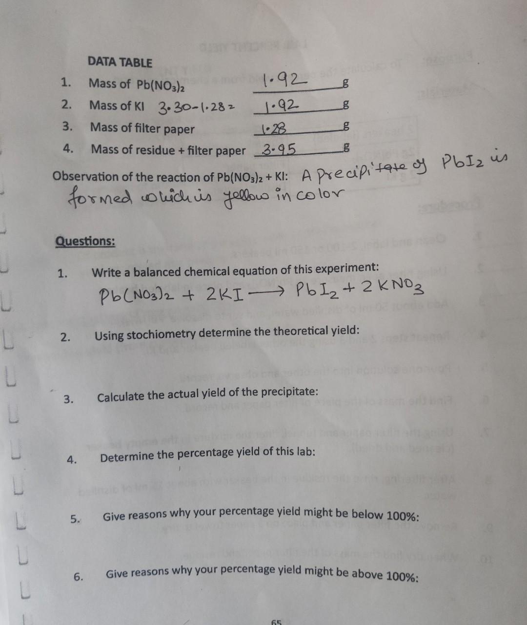 Solved Observation of the reaction of Pb(NO3)2+KI : A | Chegg.com
