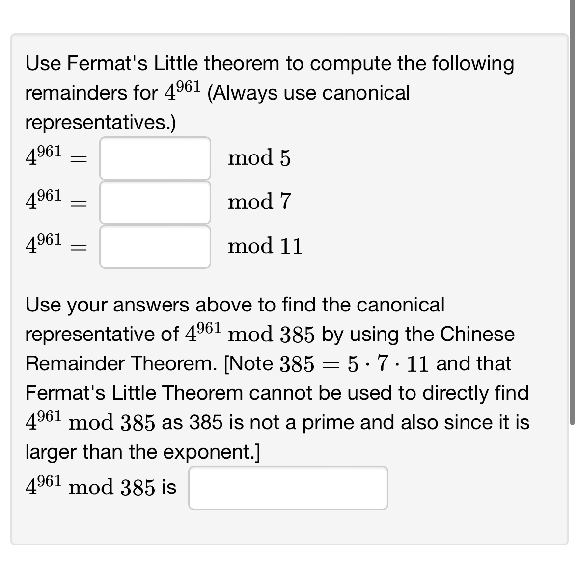 Solved Use Fermat's Little theorem to compute the following | Chegg.com
