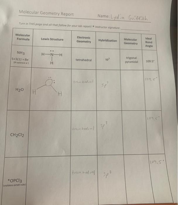 Solved Molecular Geometry Report Name:Lydia Gi.ffith Tum in | Chegg.com