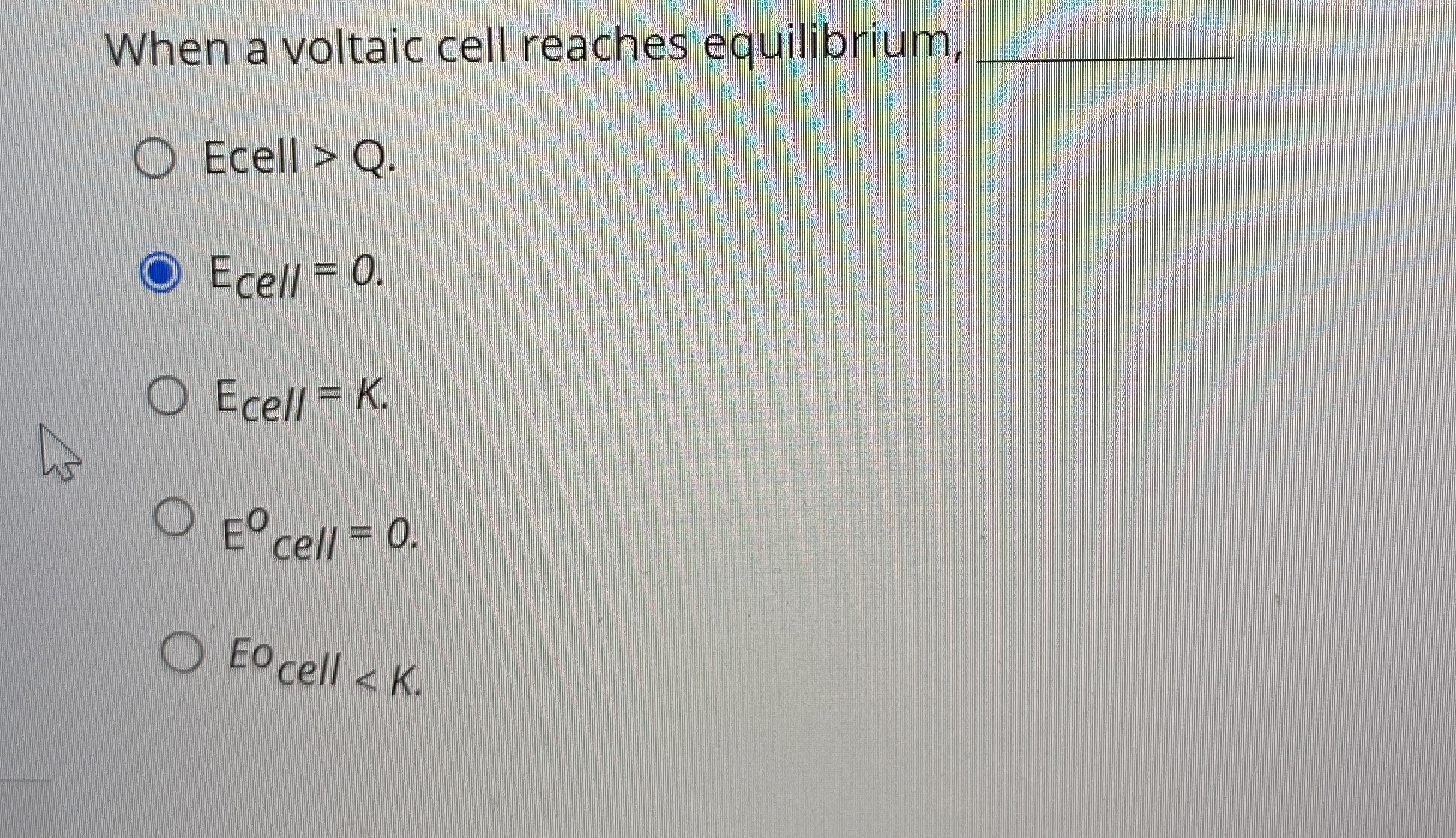 Solved When a voltaic cell reaches equilibrium,Ecell > | Chegg.com