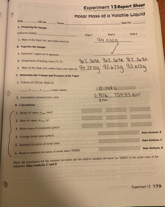 Solved Experiment 12 Report Sheet Molar Mass of a Volatile | Chegg.com