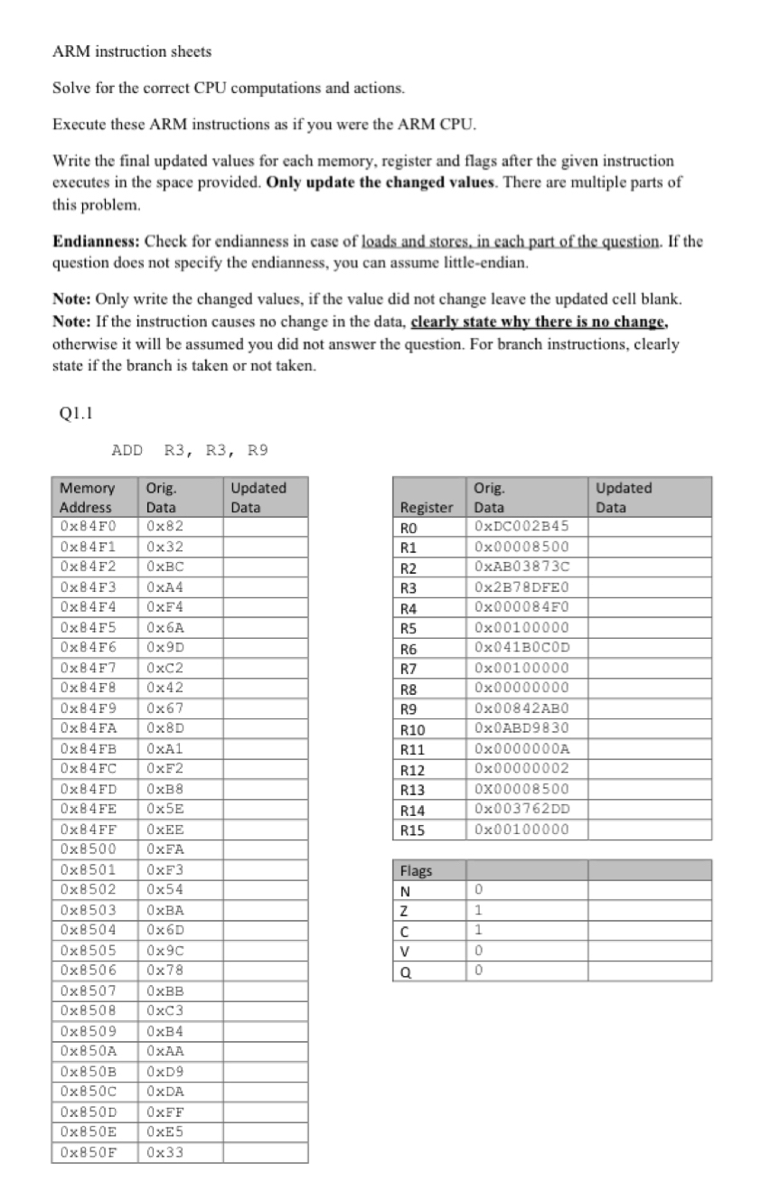 Solved ARM instruction sheets Solve for the correct CPU | Chegg.com