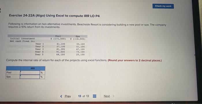 Solved Exercise 24-22A (Algo) Using Excel to compute IRR LO | Chegg.com