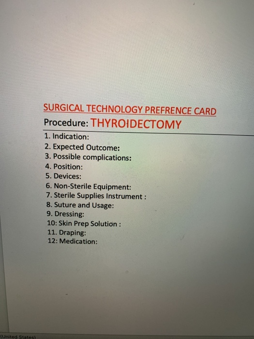 Solved SURGICAL TECHNOLOGY PREFRENCE CARD Procedure: | Chegg.com