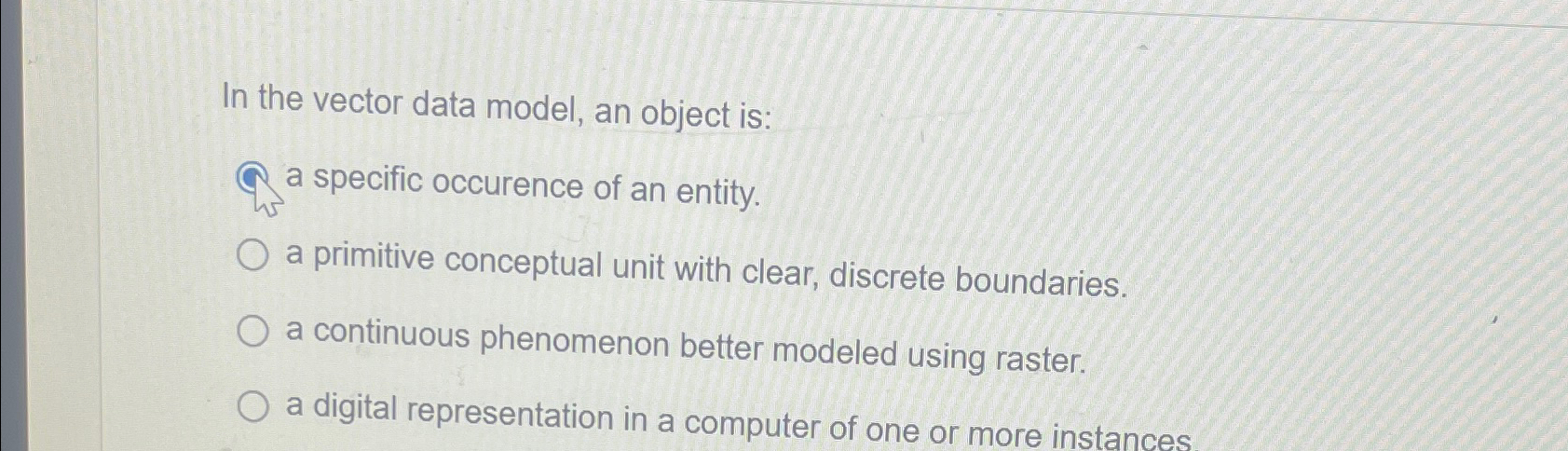 Solved In the vector data model, an object is:a specific | Chegg.com