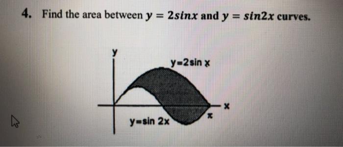 Solved 4. Find the area between y = 2sinx and y = sin2x | Chegg.com