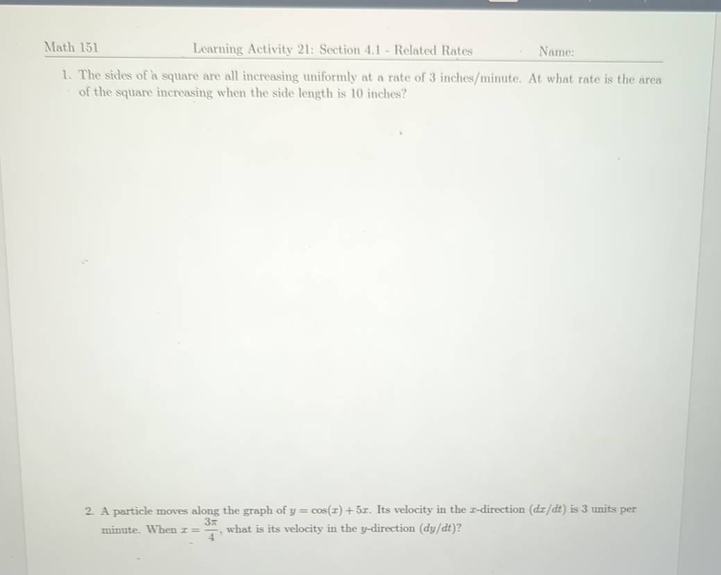 Solved Math 151Learning Activity 21: Section 4.1 - ﻿Related | Chegg.com