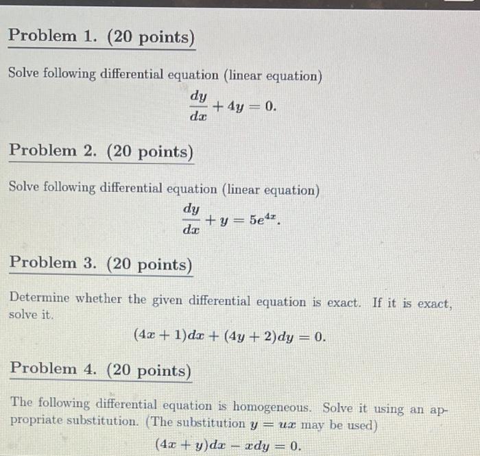 Solved Problem 1. (20 points) Solve following differential | Chegg.com
