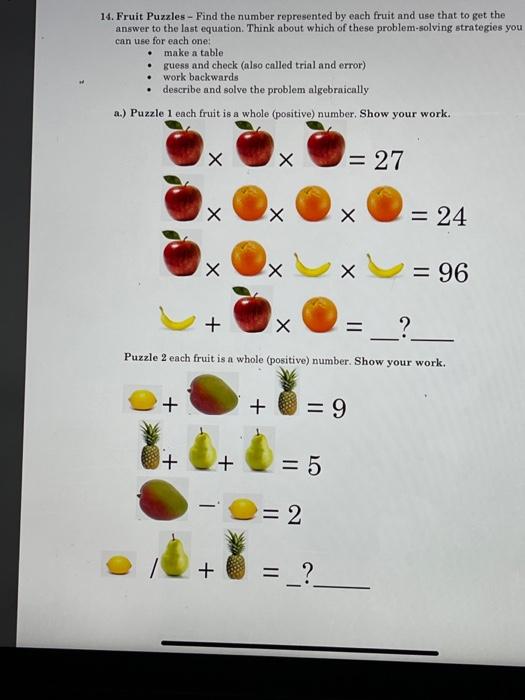 Solved 14. Fruit Puzzles - Find the number represented by | Chegg.com