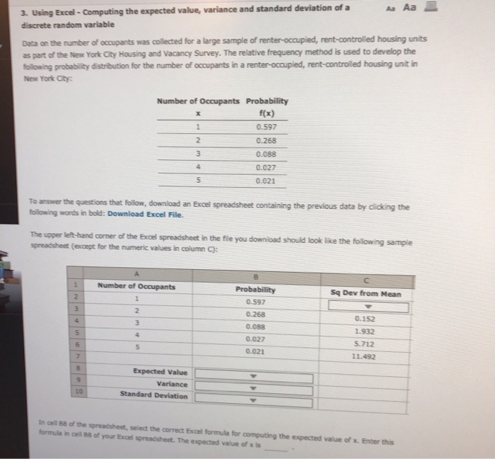 Solved Aa Aa 3. Using Excel - Computing the expected value, | Chegg.com