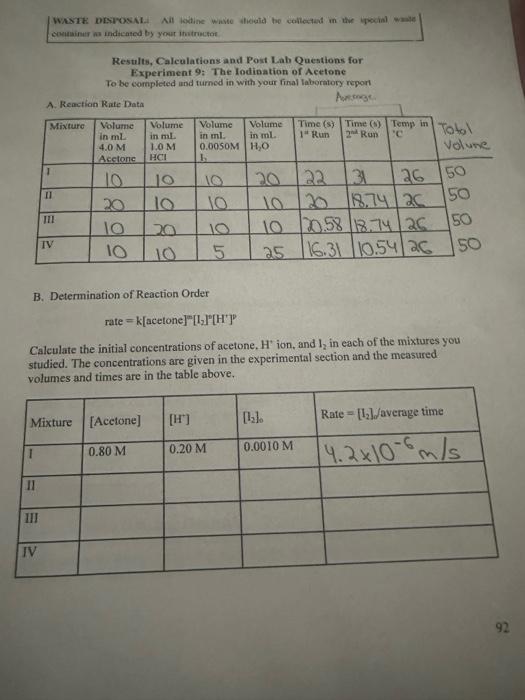 Solved wate Restults, Calculations and Post Lab Questions | Chegg.com