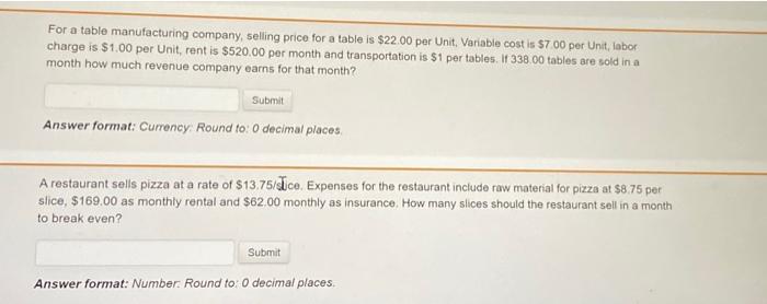 Solved For a table manufacturing company, selling price for | Chegg.com