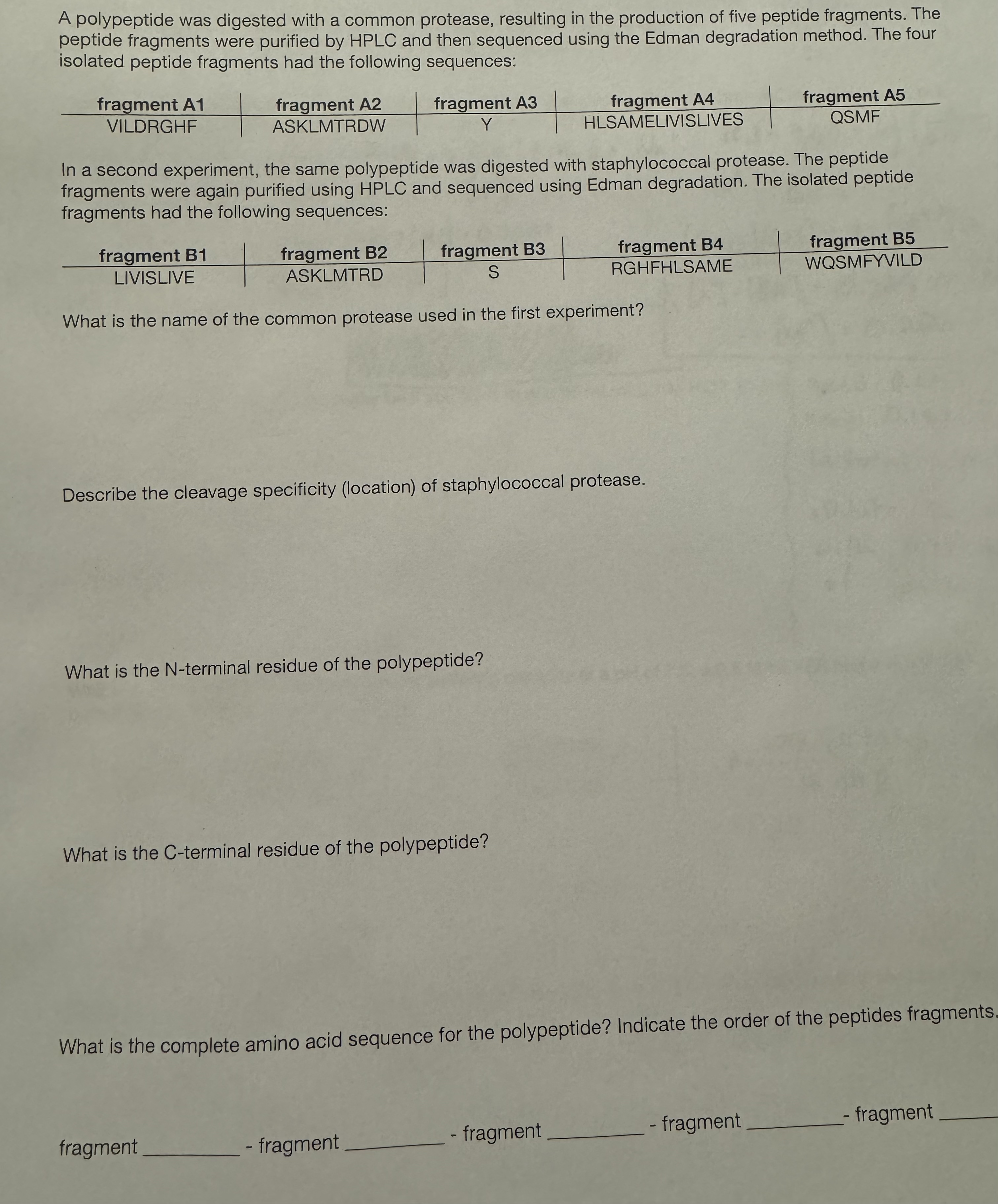 Solved A polypeptide was digested with a common protease, | Chegg.com