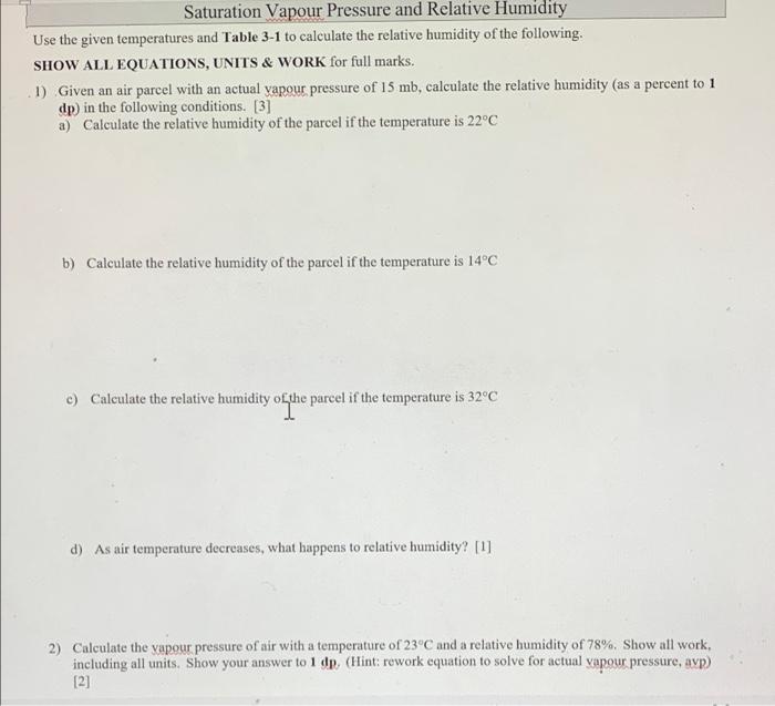 Solved Saturation Vapour Pressure and Relative Humidity Use | Chegg.com