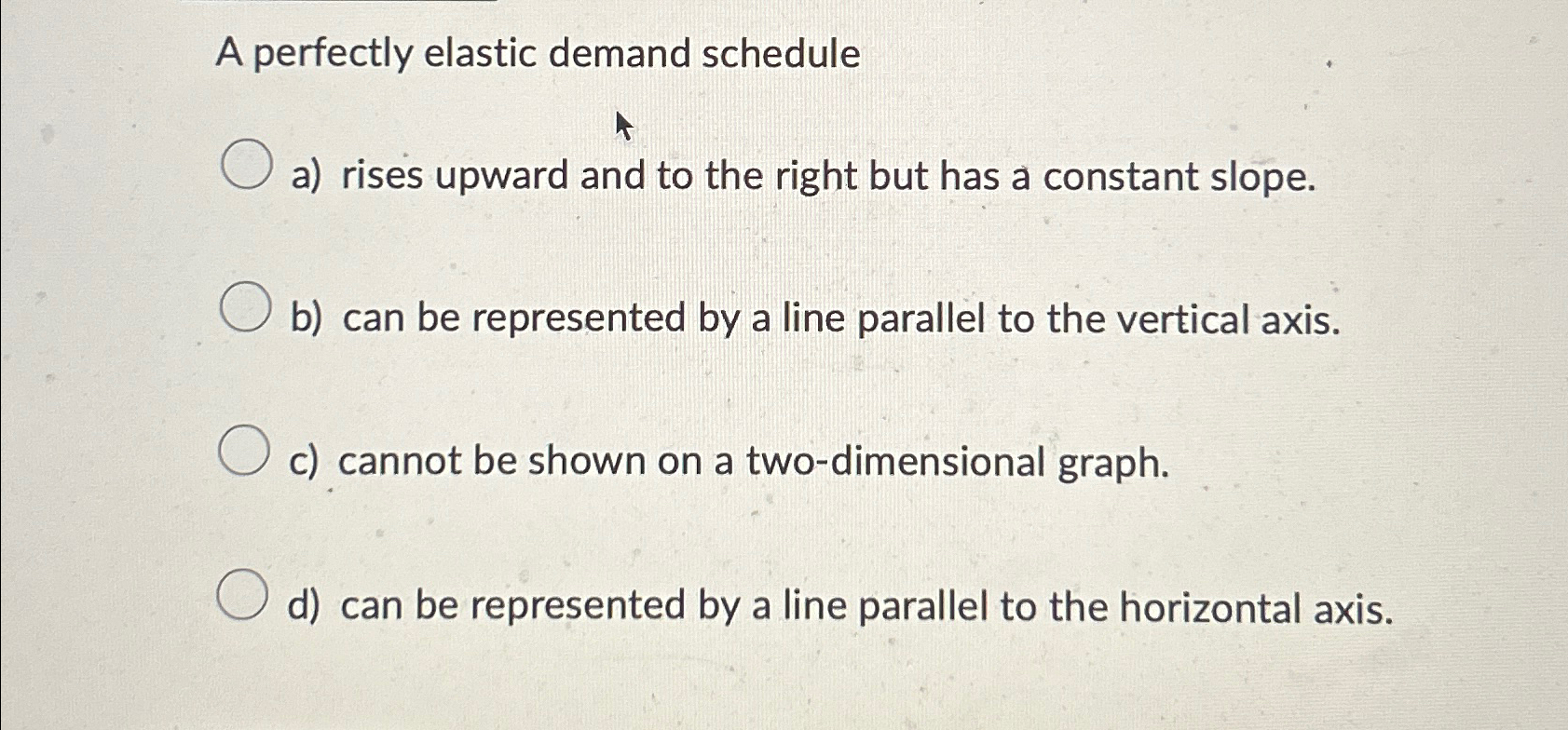 Solved A perfectly elastic demand schedulea) ﻿rises upward | Chegg.com