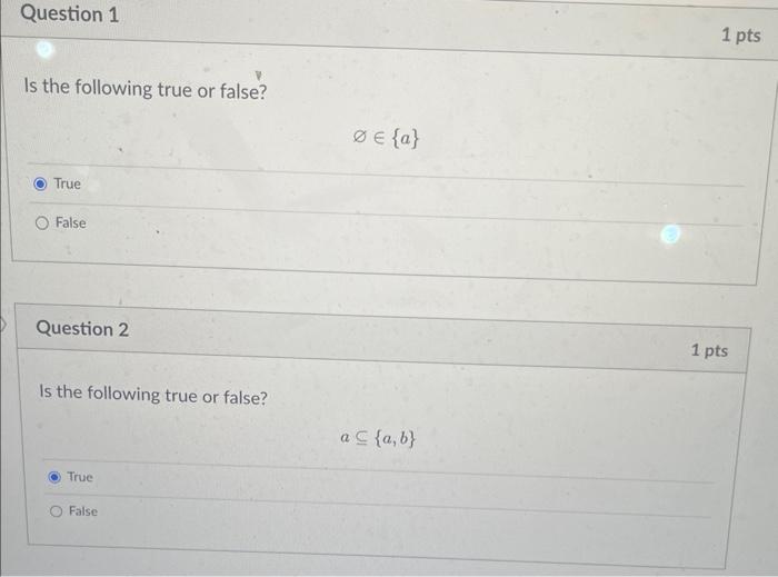 Solved Is the following true or false? ∅∈{a} True False | Chegg.com