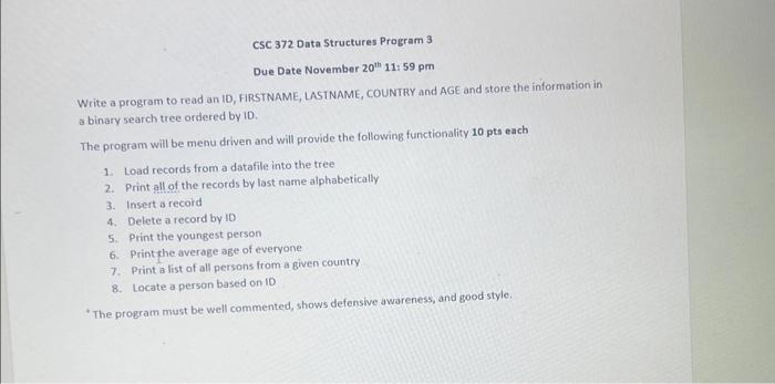 Solved Csc 372 Data Structures Program 3 Due Date November 0264