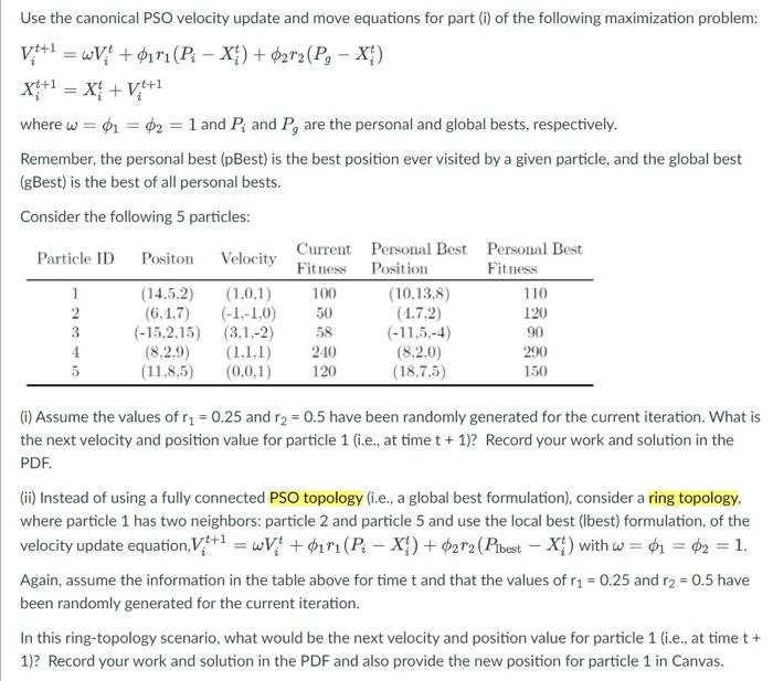 Solved Use the canonical PSO velocity update and move | Chegg.com