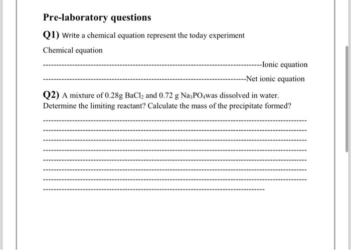 Solved Pre-laboratory questions Q1) Write a chemical | Chegg.com