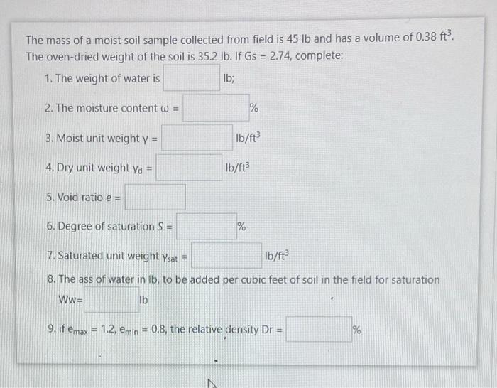 Solved The mass of a moist soil sample collected from field | Chegg.com