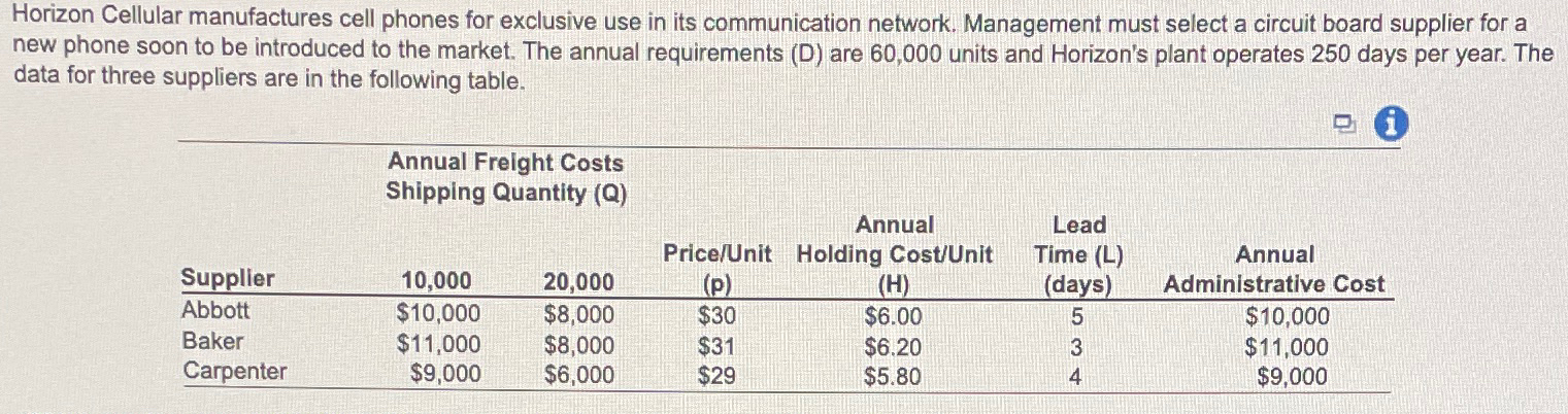 Solved Horizon Cellular manufactures cell phones for | Chegg.com