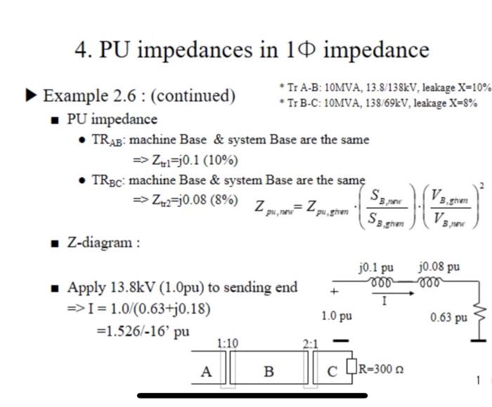 Solved 4. PU impedances in 1Φ impedance Example 2.6 : | Chegg.com